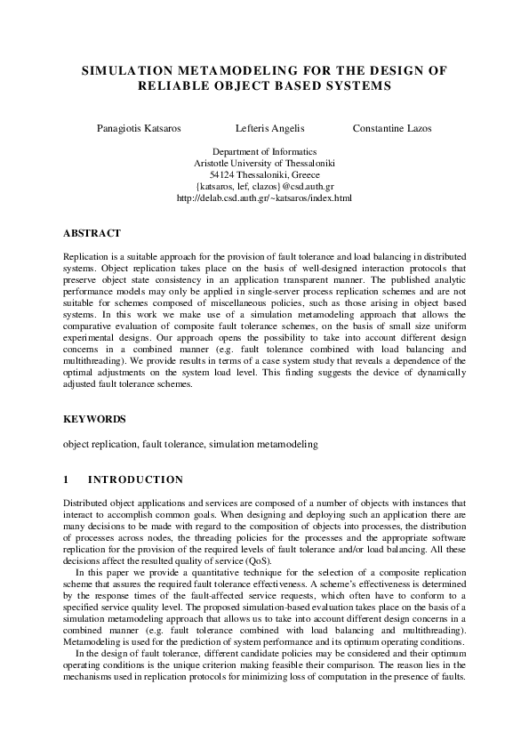 (PDF) Simulation metamodeling for the design of reliable object based systems