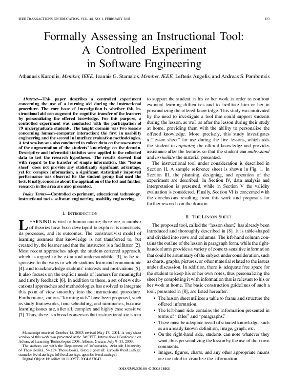 (PDF) Formally assessing an instructional tool: A controlled experiment in software engineering
