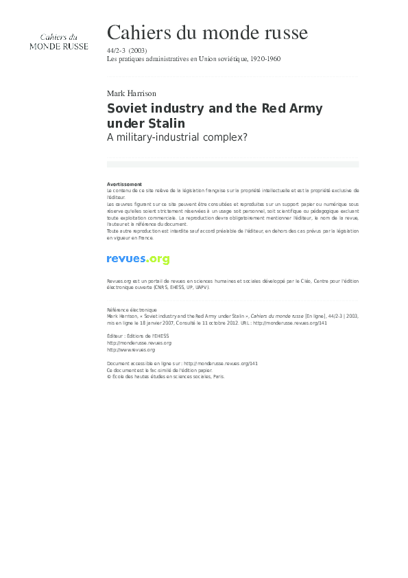 (PDF) Soviet industry and the Red Army under stalin: a military ...