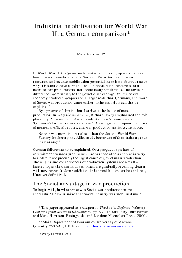 (PDF) Industrial mobilisation for World War II: a German comparison