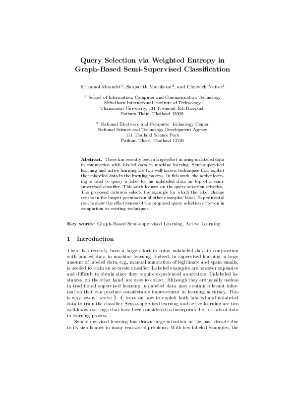 Pdf Query Selection Via Weighted Entropy In Graph Based Semi Supervised Classification