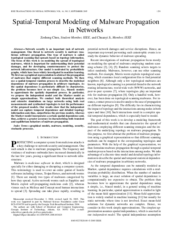 (PDF) Spatial-temporal modeling of malware propagation in networks