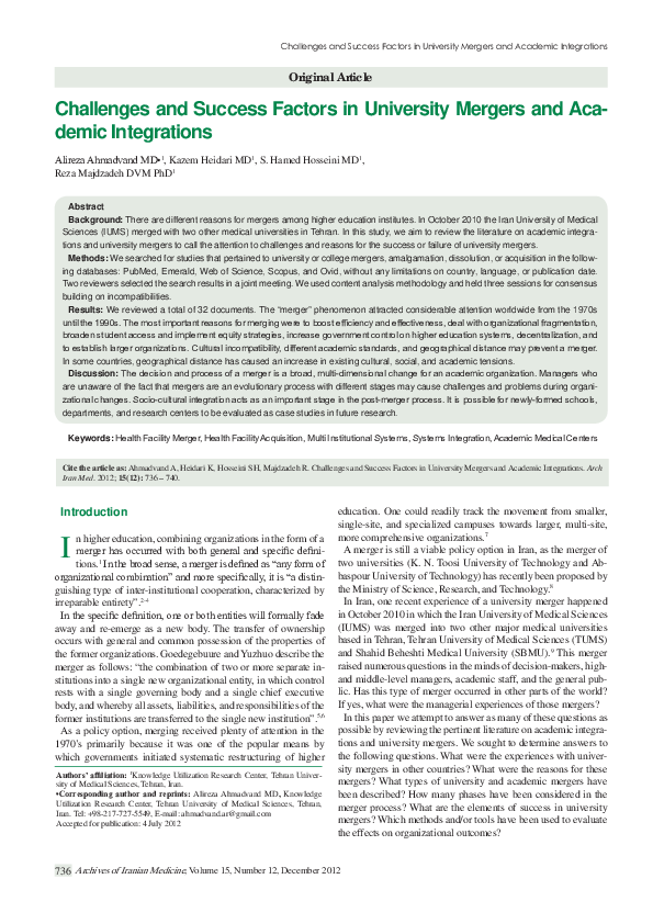 (PDF) Challenges and Success Factors in University Mergers and Aca ...