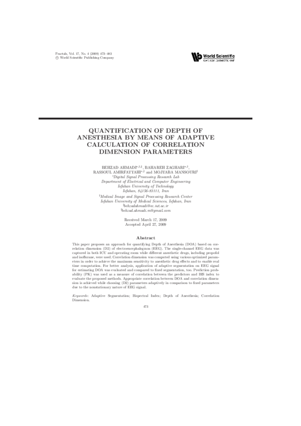 (PDF) QUANTIFICATION OF DEPTH OF ANESTHESIA BY MEANS OF ADAPTIVE CALCULATION OF CORRELATION ...