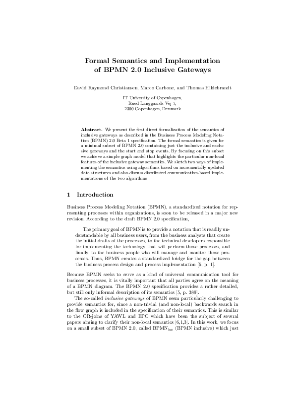 (PDF) Formal semantics and implementation of bpmn 2.0 inclusive gateways