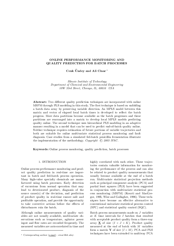 (PDF) ONLINE PERFORMANCE MONITORING AND QUALITY PREDICTION FOR BATCH PROCESSES