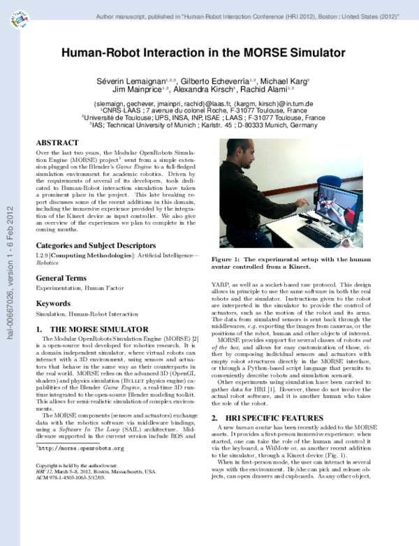 (PDF) Human-robot interaction in the MORSE simulator