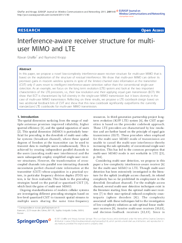 Pdf Interference Aware Receiver Structure For Multi User Mimo And Lte