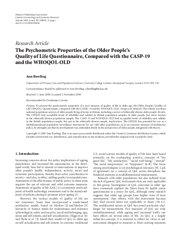 (PDF) The psychometric properties of the older people's quality of life questionnaire, compared ...