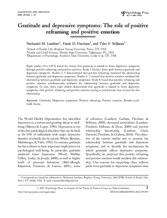 (PDF) Gratitude and depressive symptoms: The role of positive reframing ...