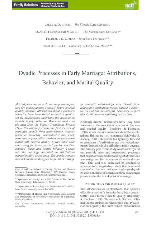 (PDF) Dyadic processes in early marriage: Attributions, behavior, and ...