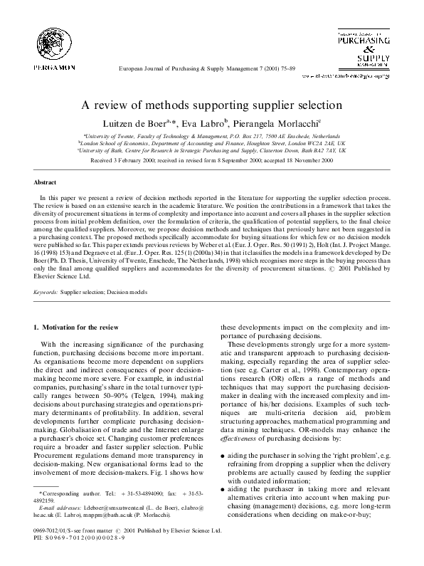 (PDF) A review of methods supporting supplier selection