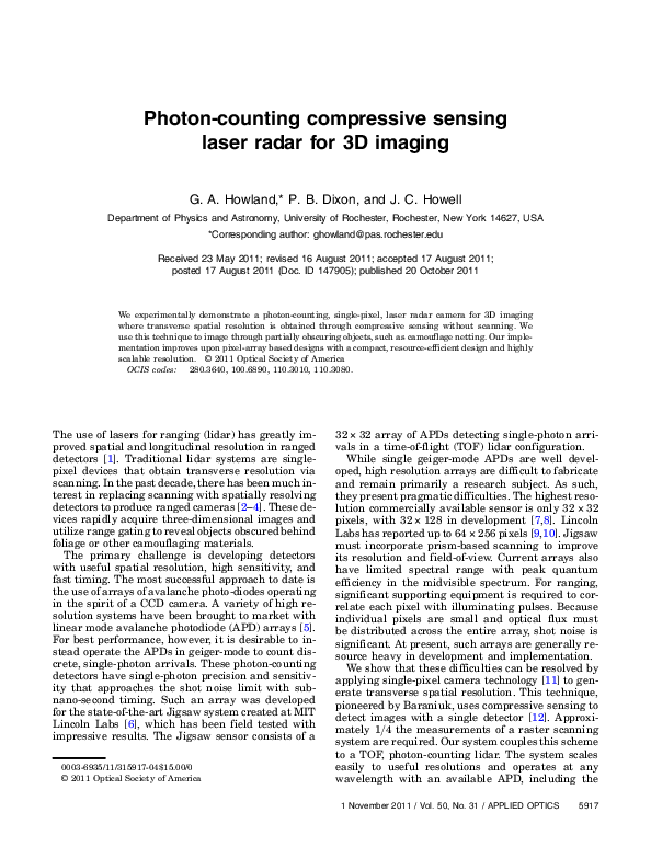 (PDF) Photon-counting compressive sensing laser radar for 3D imaging