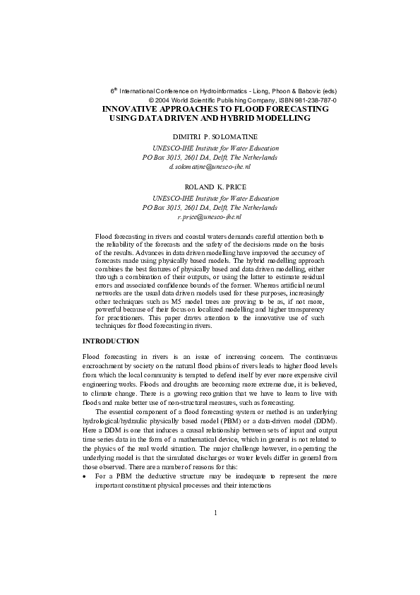 Pdf Innovative Approaches To Flood Forecasting Using Data Driven And Hybrid Modelling