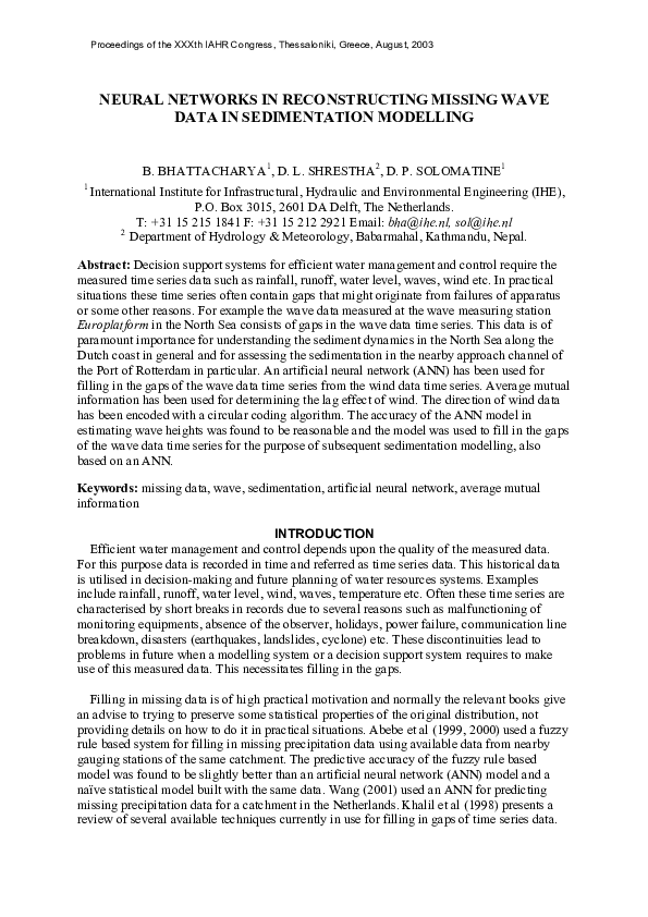 (PDF) Neural networks in reconstructing missing wave data in sedimentation modelling