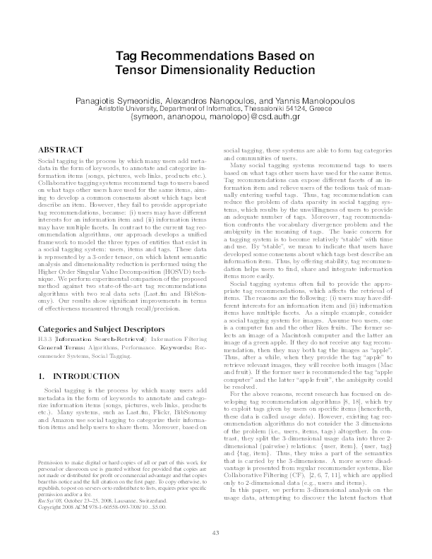 (PDF) Tag recommendations based on tensor dimensionality reduction