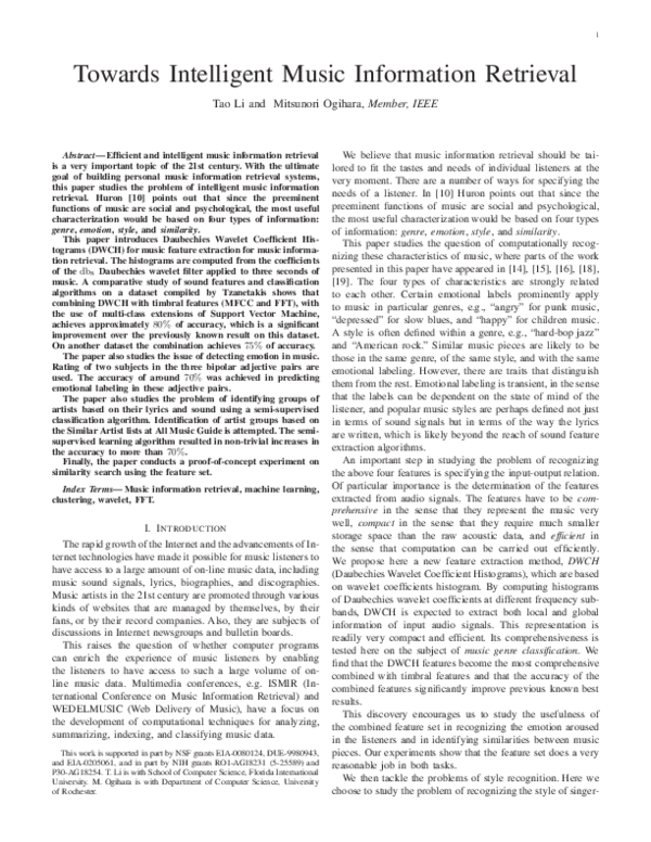 (PDF) Toward intelligent music information retrieval