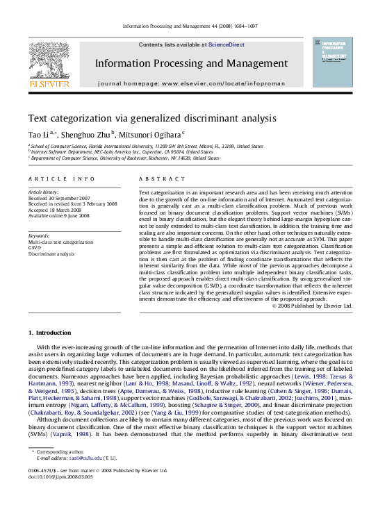 (PDF) Text categorization via generalized discriminant analysis