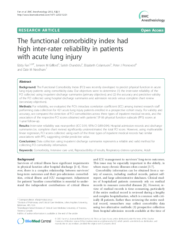 (PDF) The functional comorbidity index had high inter-rater reliability ...