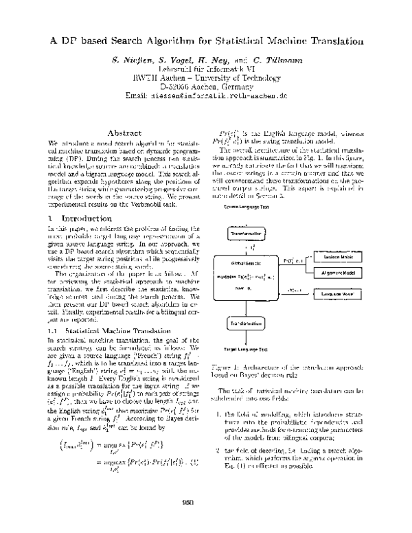 Pdf A Dp Based Search Algorithm For Statistical Machine Translation
