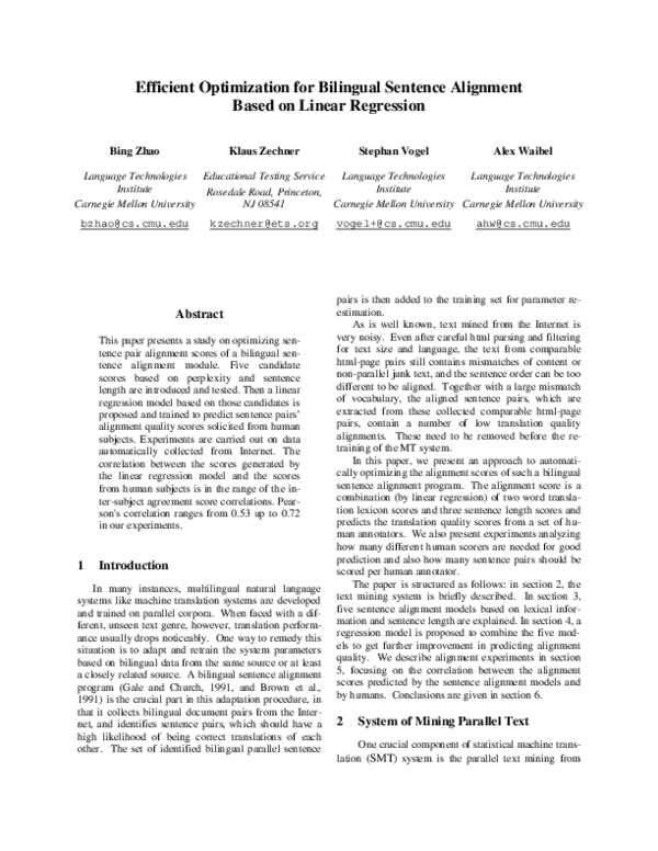 (PDF) Efficient optimization for bilingual sentence alignment based on ... (PDF) Efficient optimization for bilingual sentence alignment based on ...