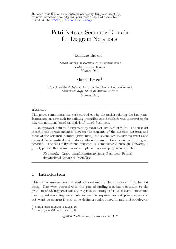 (PDF) Petri Nets as Semantic Domain for Diagram Notations