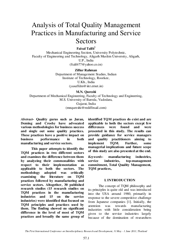 (PDF) Analysis of Total Quality Management Practices in Manufacturing ...
