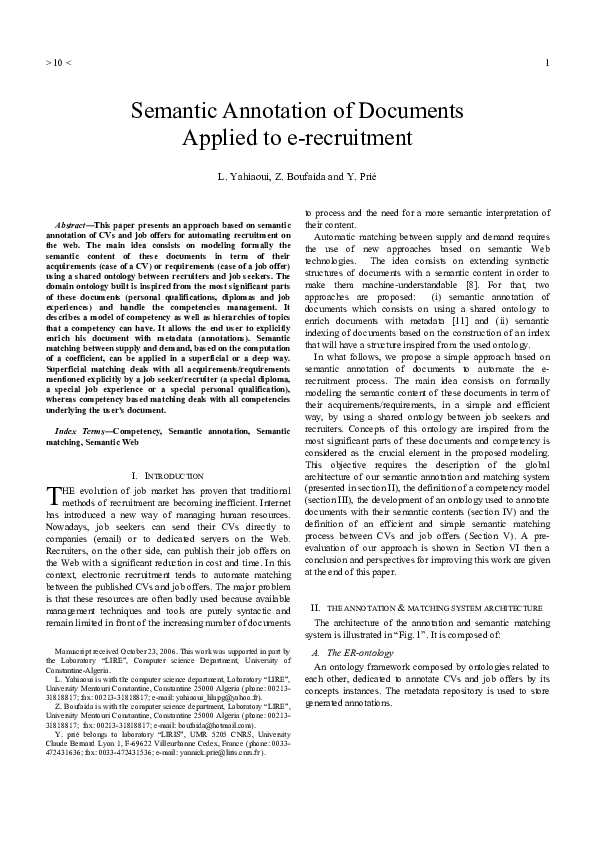 (PDF) Semantic annotation of documents Applied to E-Recruitment