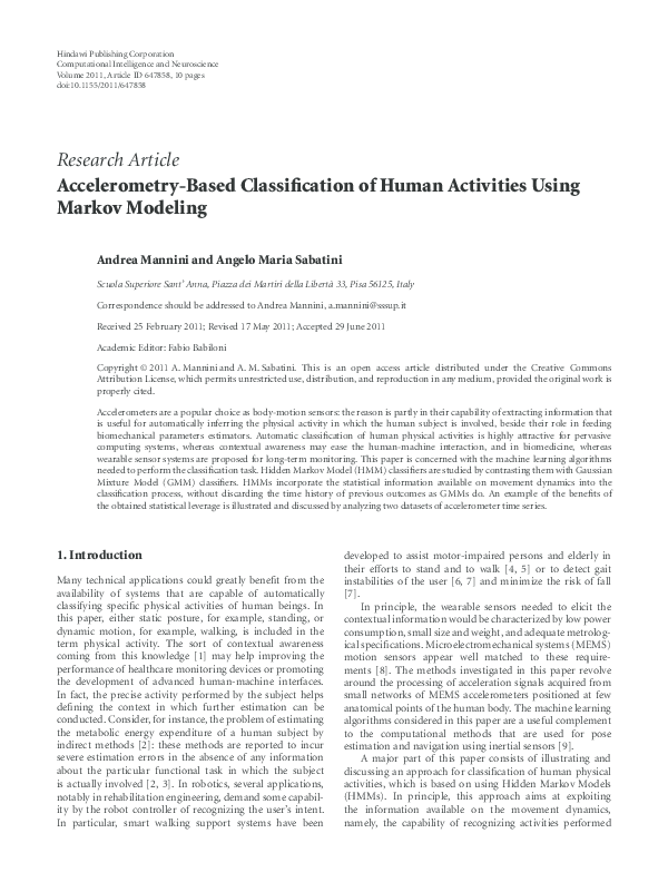 (PDF) Accelerometry-Based Classification of Human Activities Using Markov Modeling