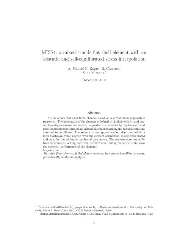 (PDF) MISS4: a mixed 4-node flat shell element with an isostatic and self-equilibrated stress ...