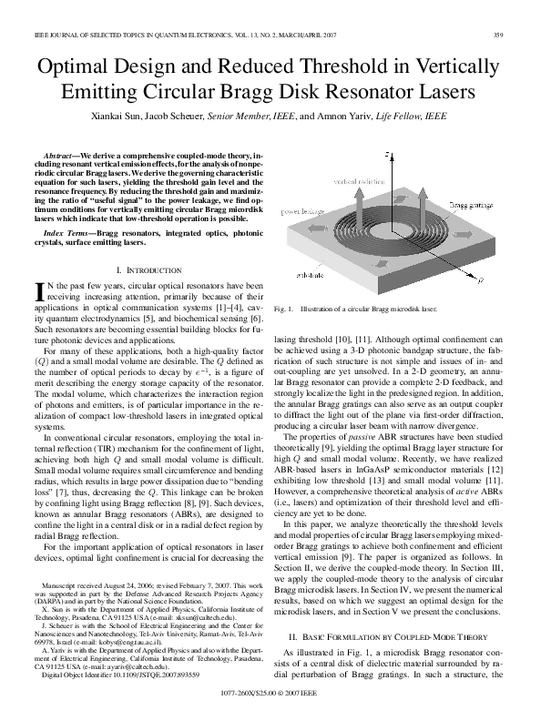(PDF) Optimal design and reduced threshold in vertically emitting circular Bragg disk resonator ...