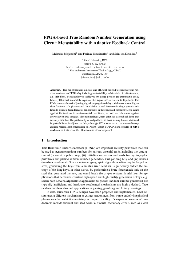 (PDF) FPGA-based true random number generation using circuit metastability with adaptive ...