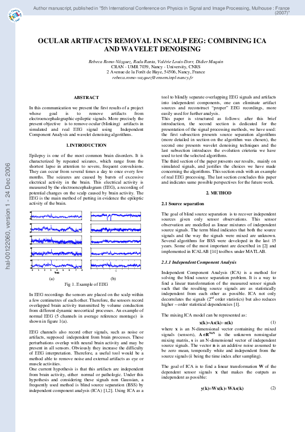 (PDF) Ocular artifacts removal in scalp EEG: combining ICA and wavelett denoising