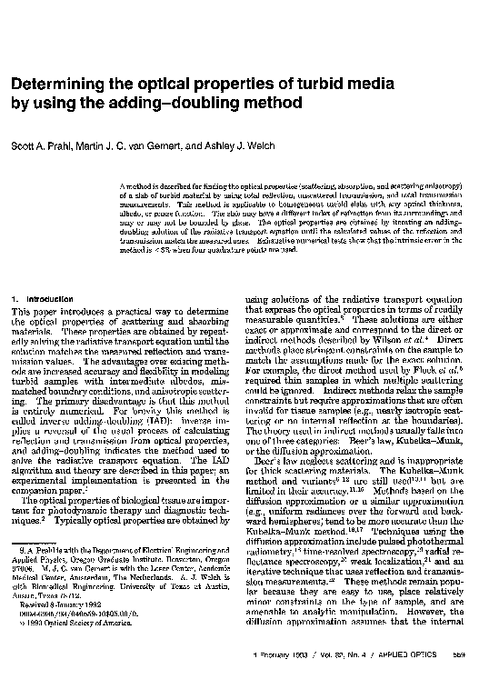 (PDF) Determining the optical properties of turbid mediaby using the adding–doubling method