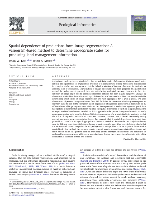 Pdf Spatial Dependence Of Predictions From Image Segmentation A Variogram Based Method To