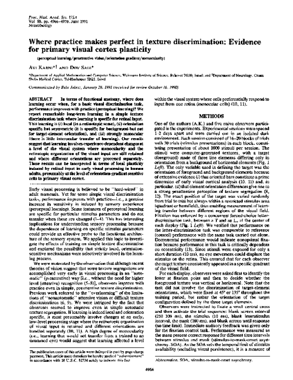 (PDF) Where practice makes perfect in texture discrimination: evidence ...