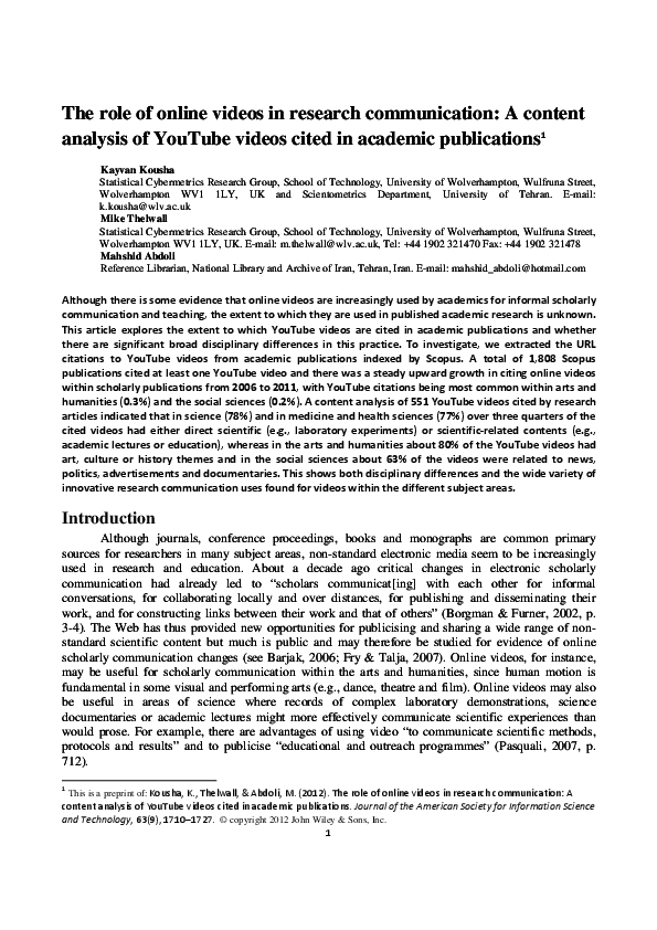 (PDF) The role of online videos in research communication: A content ...