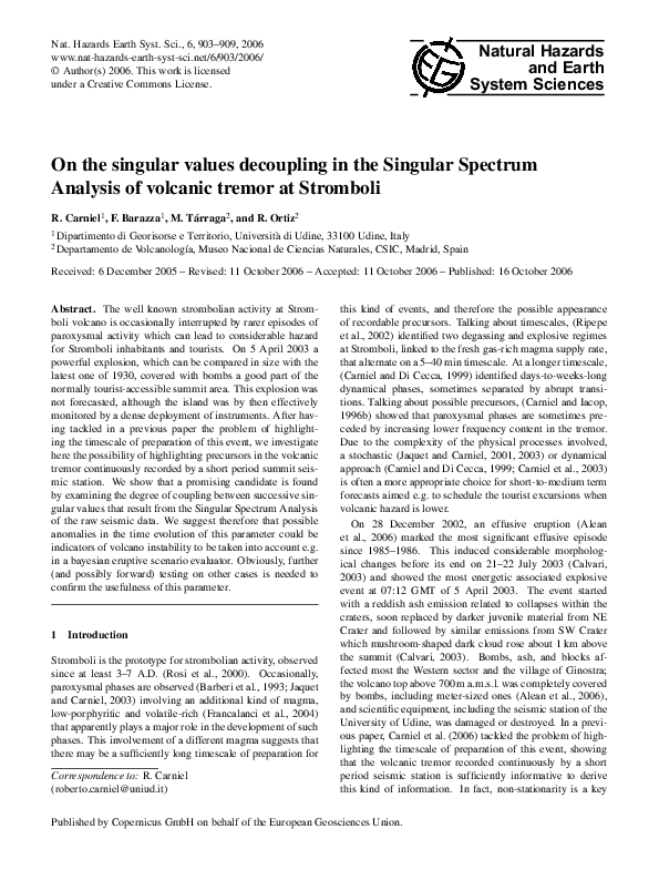 (PDF) On the singular values decoupling in the Singular Spectrum Analysis of volcanic tremor at ...