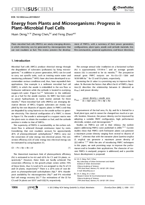 (PDF) Energy from Plants and Microorganisms: Progress in Plant–Microbial Fuel Cells