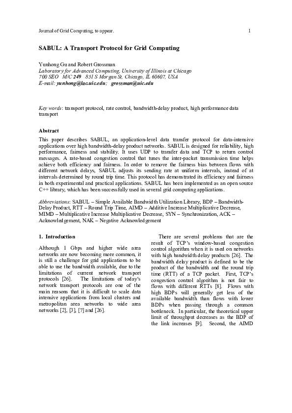 (PDF) SABUL: A transport protocol for grid computing