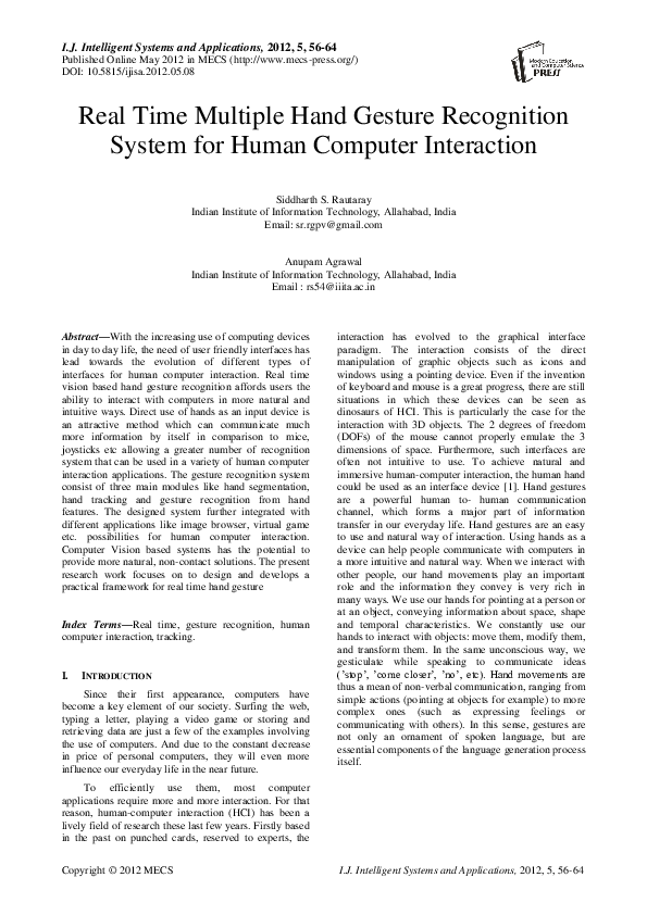 (PDF) Real Time Multiple Hand Gesture Recognition System for Human ...