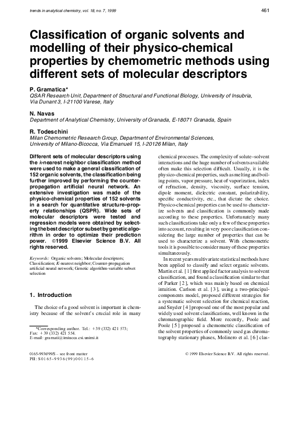 (PDF) Classification of organic solvents and modelling of their physico ...