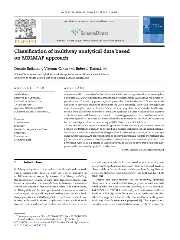 (PDF) Classification of multiway analytical data based on MOLMAP approach
