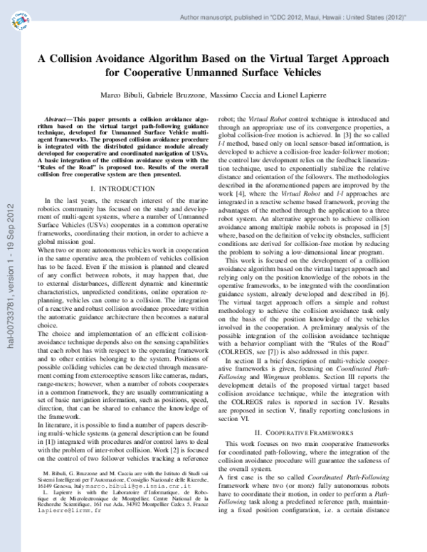 (PDF) A Collision Avoidance Algorithm Based on the Virtual Target Approach for Cooperative ...