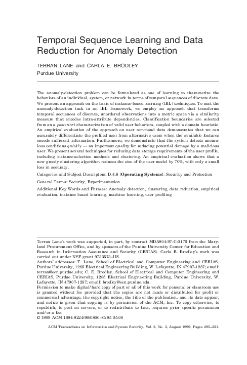 (PDF) Temporal Sequence Learning and Data Reduction for Anomaly Detection