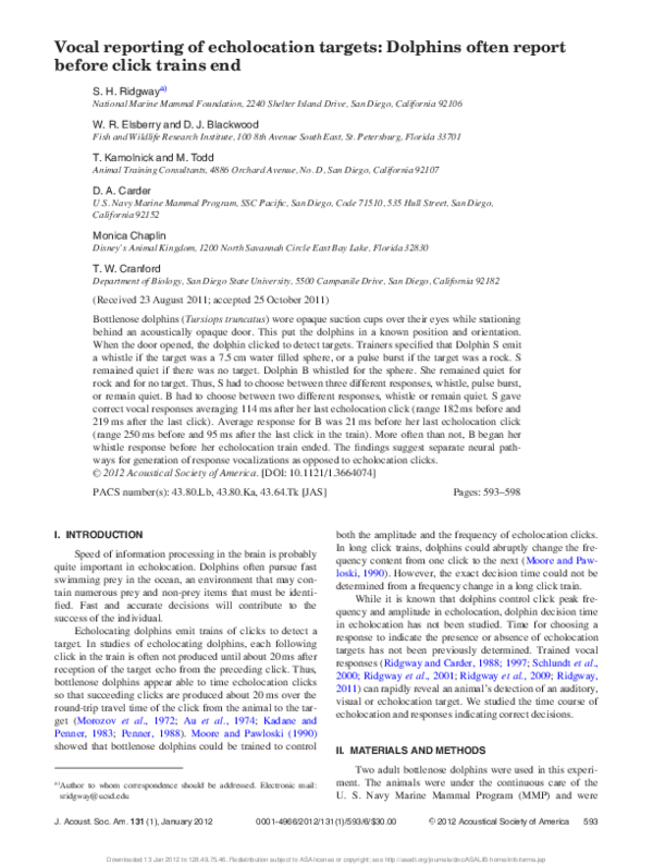 (PDF) Vocal reporting of echolocation targets: Dolphins often report ...