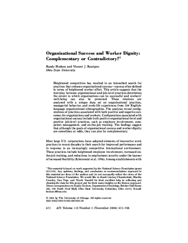 (PDF) Organizational Success and Worker Dignity: Complementary or ...