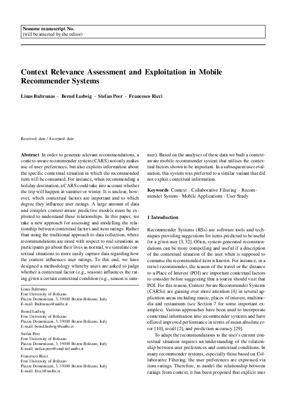 (PDF) Context relevance assessment and exploitation in mobile recommender systems