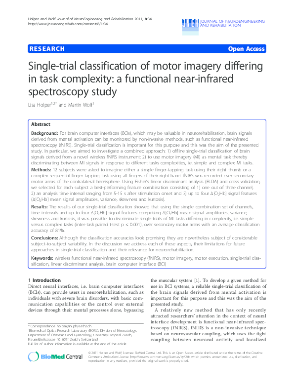 Pdf Single Trial Classification Of Motor Imagery Differing In Task Complexity A Functional