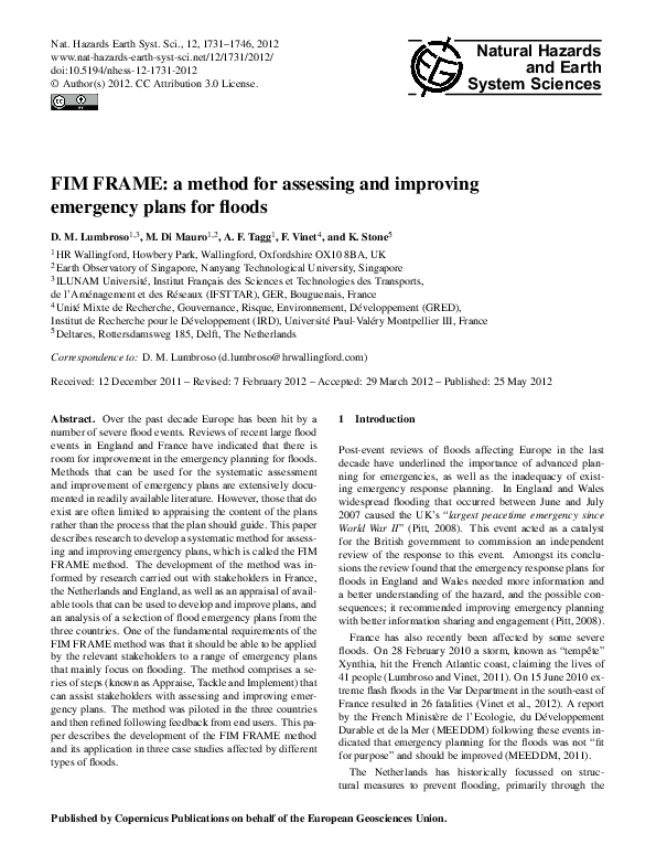 (PDF) FIM FRAME: a method for assessing and improving emergency plans ...